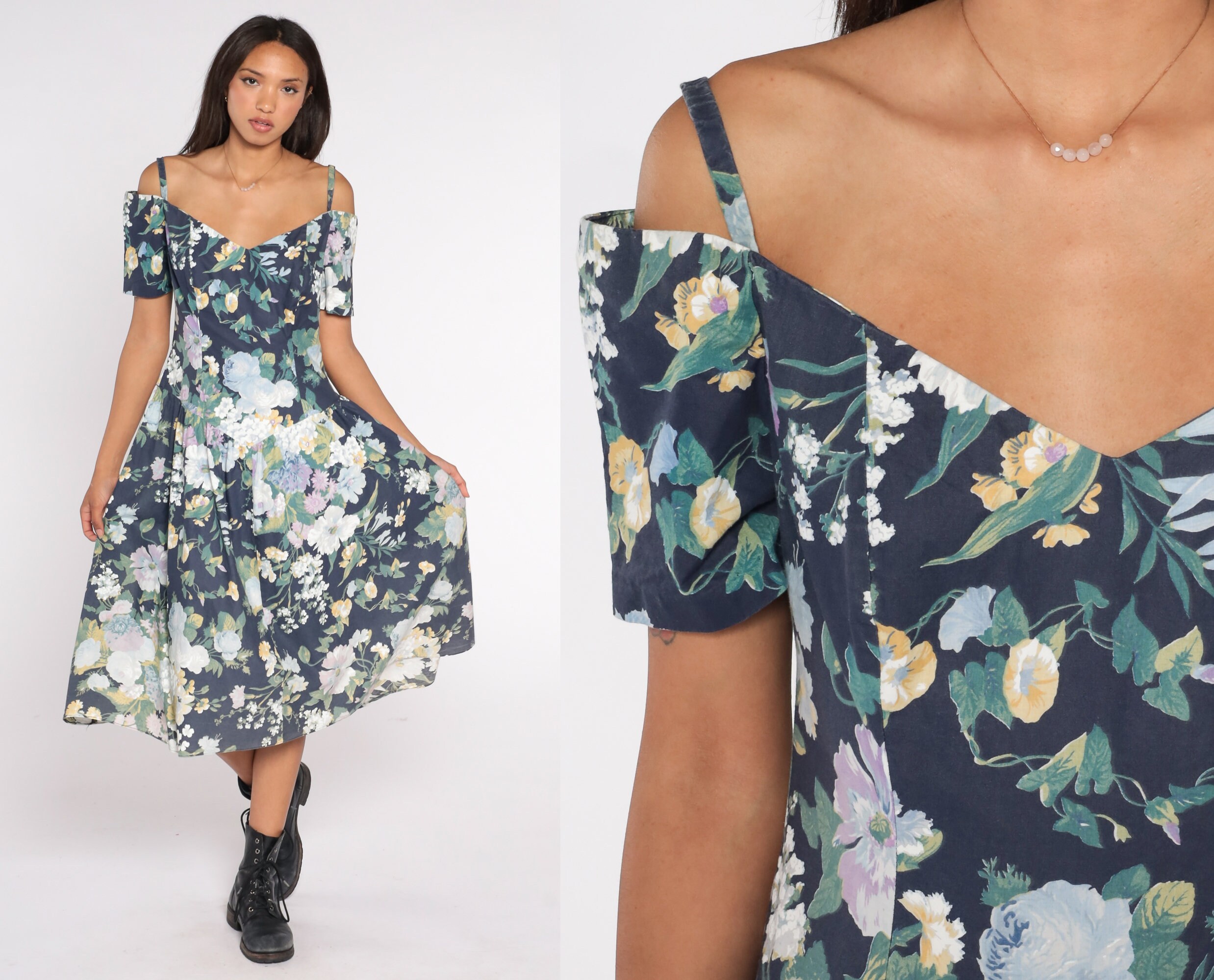 Off Shoulder Dress 80s Floral Midi Dress Dark Blue Basque - Etsy
