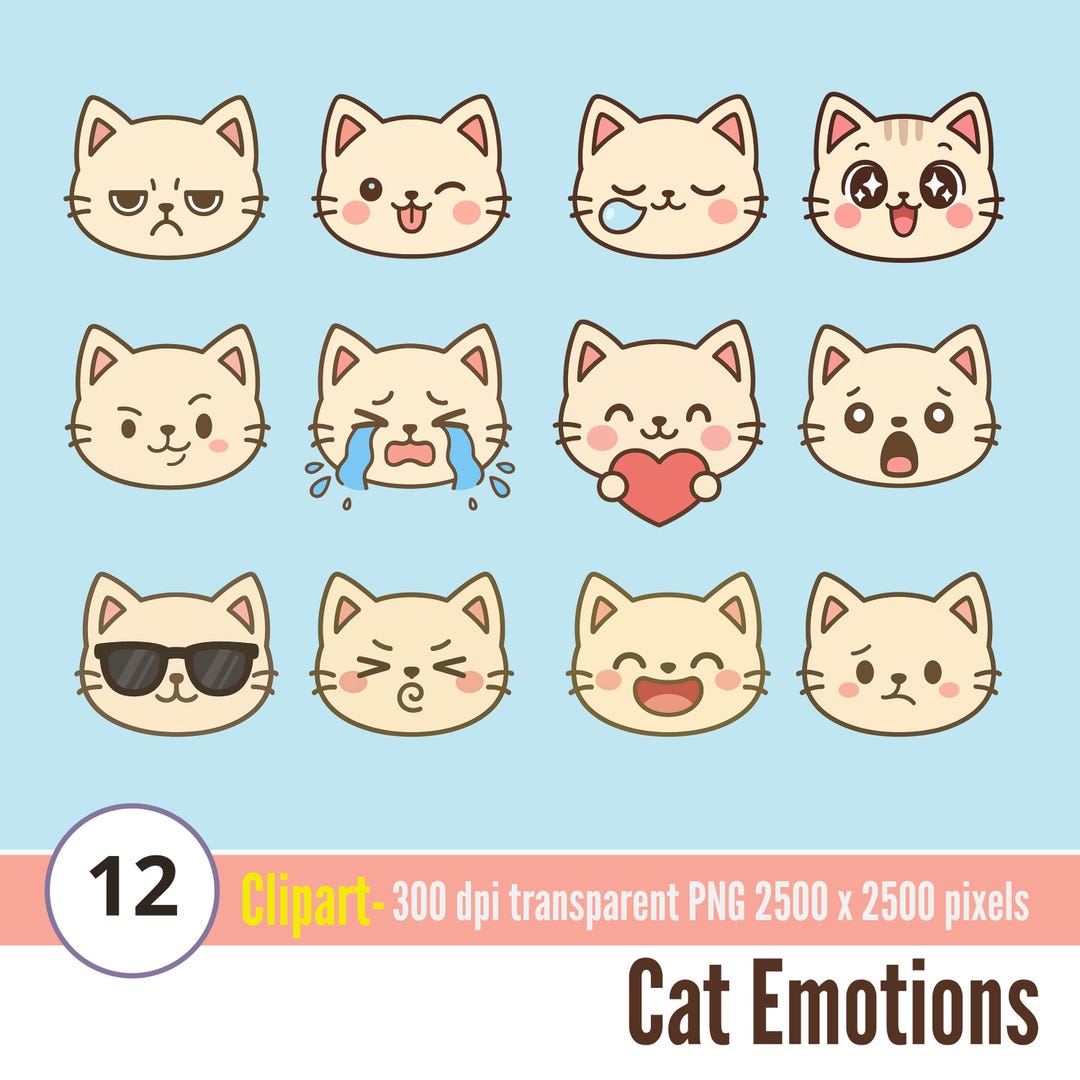 Kawaii Cat Faces Clipart Bundle – 12 Chibi Expressions | Cute Kitty ...