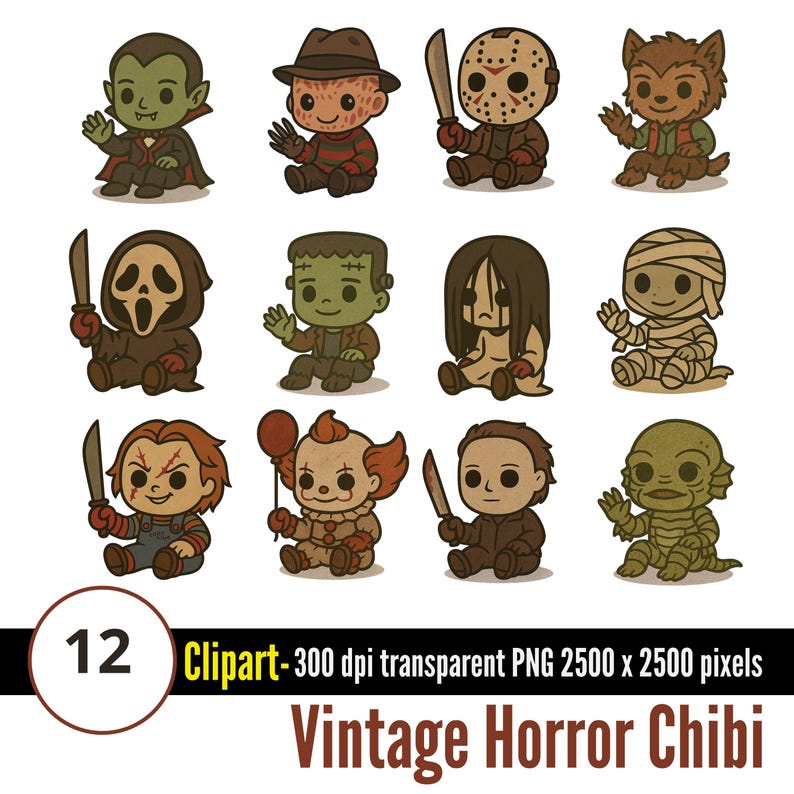 Vintage Horror Chibi PNG – Cute Killer Clipart Set Halloween Retro ...