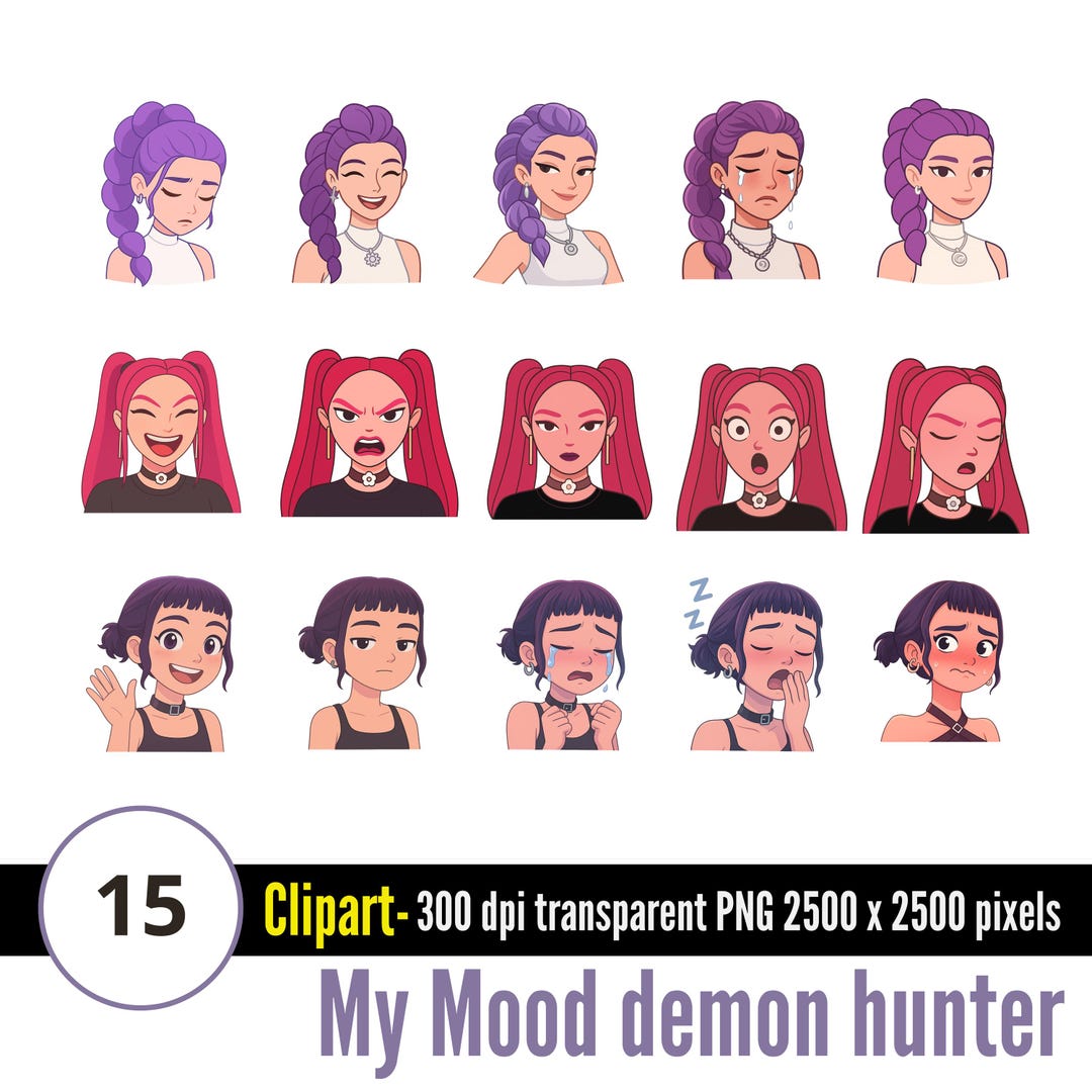Huntrix Kpop Emotions 15 Sticker Pack – Digital PNG – Kawaii Hunter ...