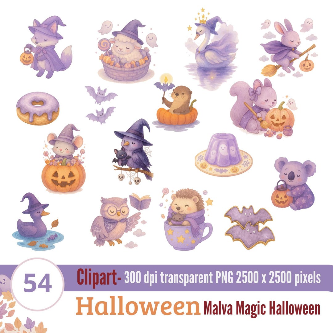 Halloween Animals Clipart – Cute Watercolor PNG Bundle for Fall & Magic ...