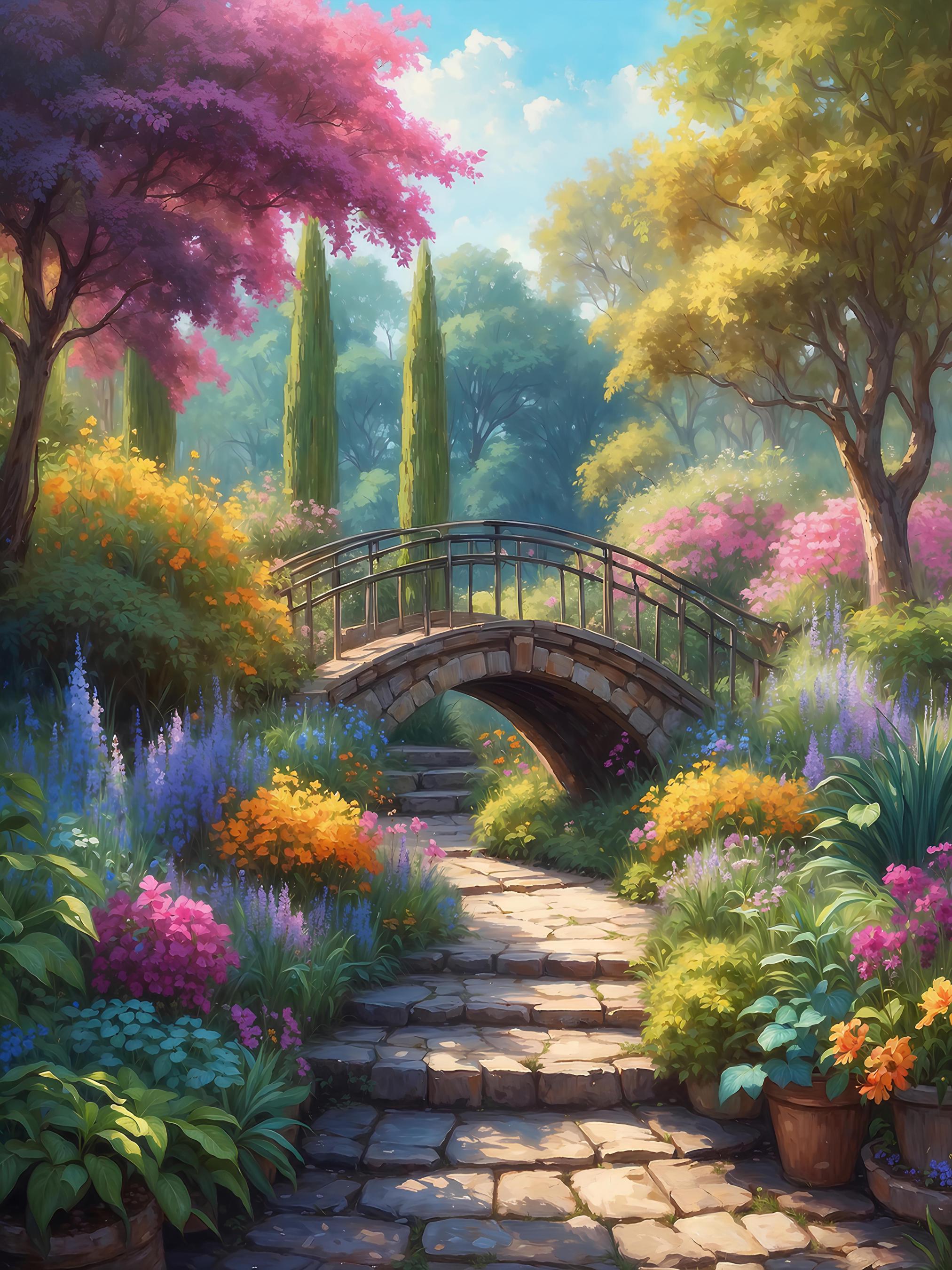 Vibrant Garden Path With Stone Bridge Colorful Nature Art Print ...