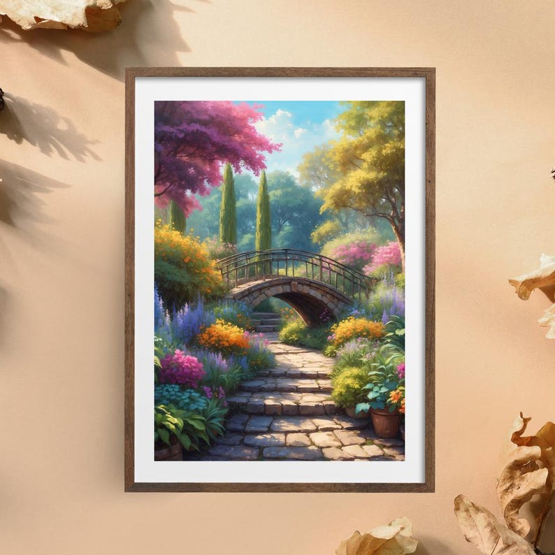 Vibrant Garden Path With Stone Bridge Colorful Nature Art Print ...