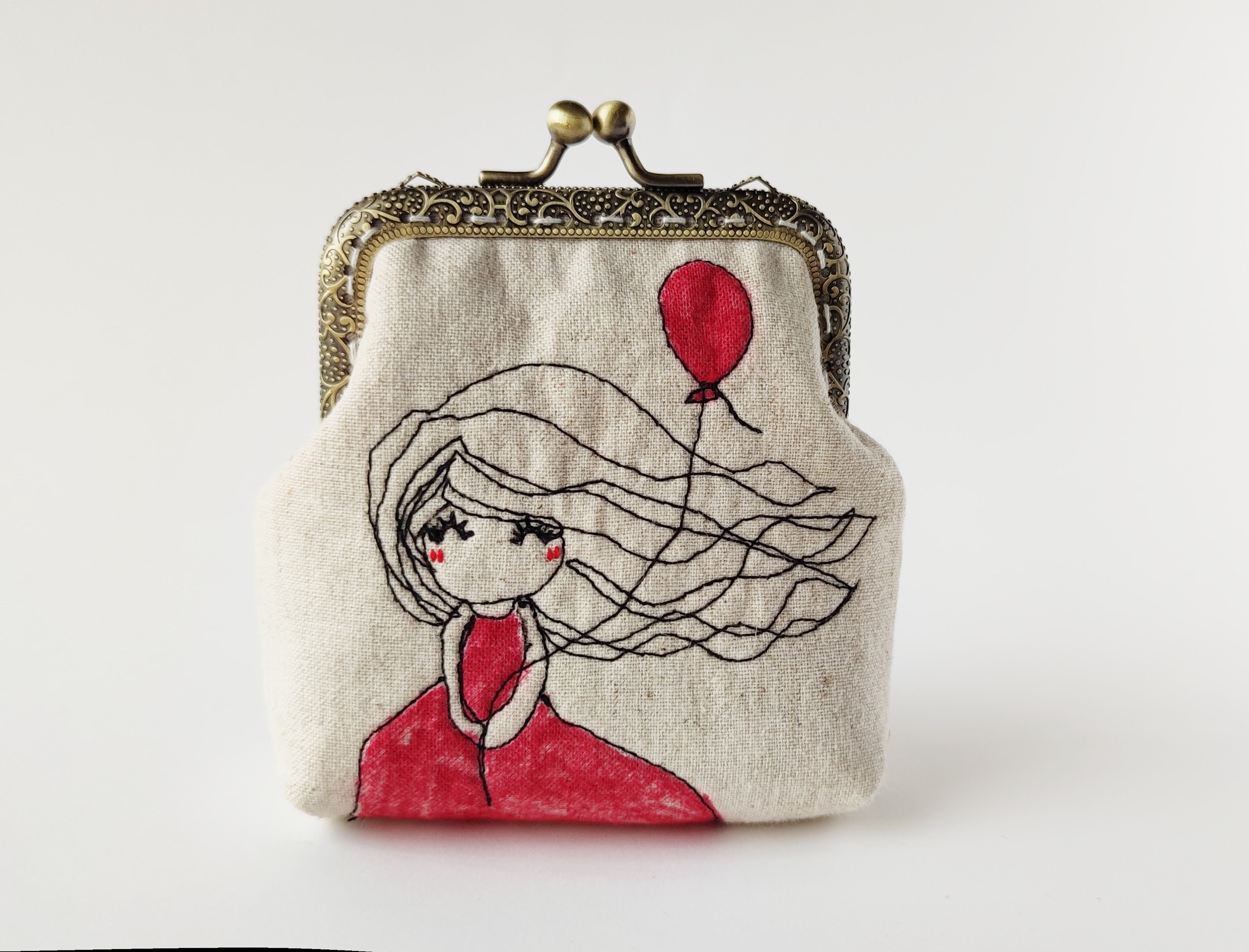 Linen and Red Balloon Little Coin and Card Purse | Etsy