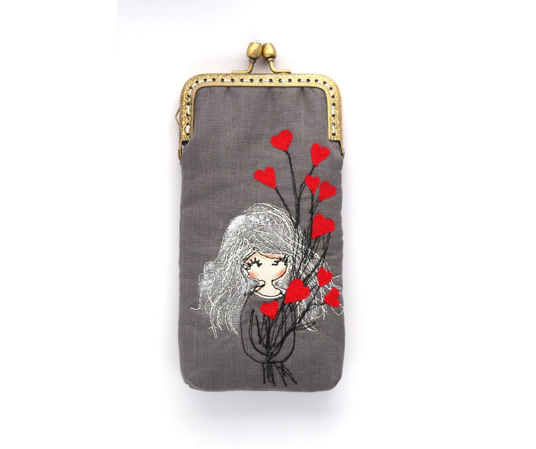 Embroidered Phone Case or Glasses Case: Girl With Hearts, Custom Size ...