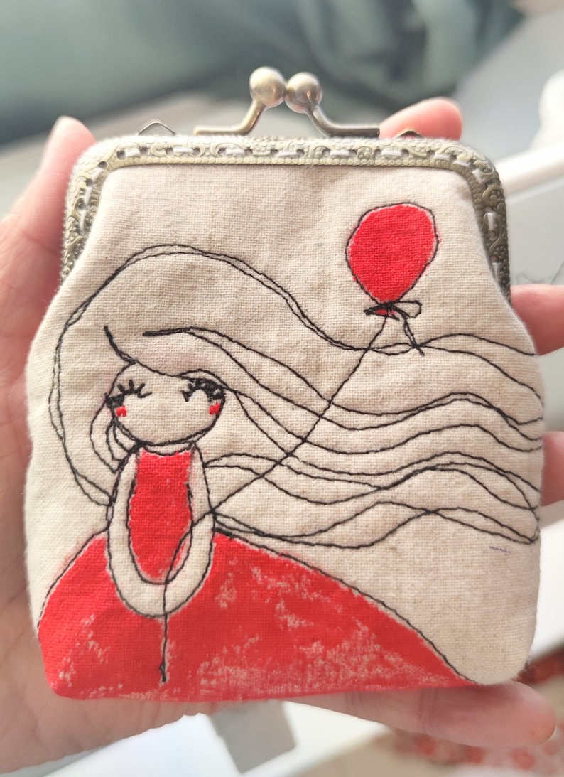 Linen and Red Balloon Little Coin and Card Purse | Etsy