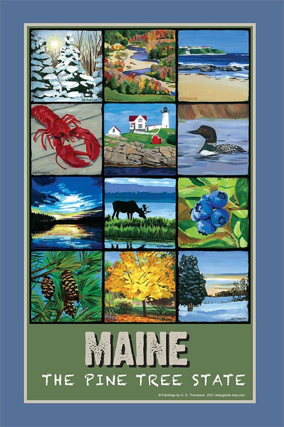 Maine, The Pine Tree State Poster 11x17 or 8x12 print fall, icons of ME ...