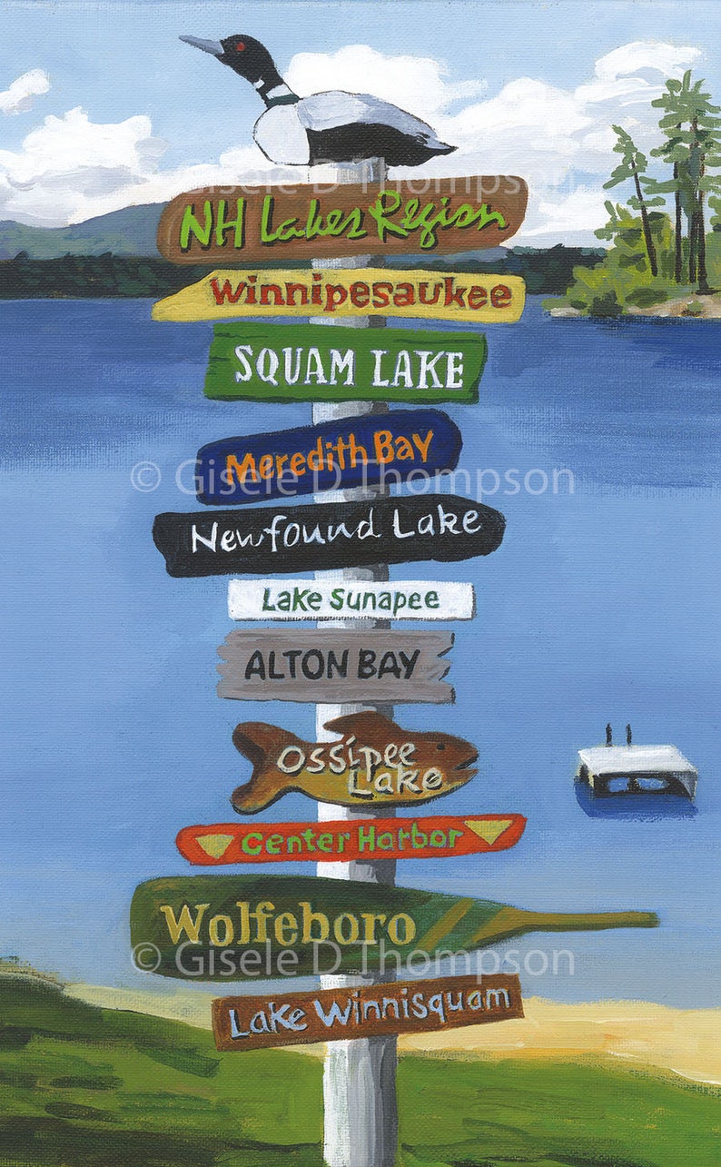 NH Signpost Poster, Lakes Region, Lake Winnipesaukee, Squam Lake ...