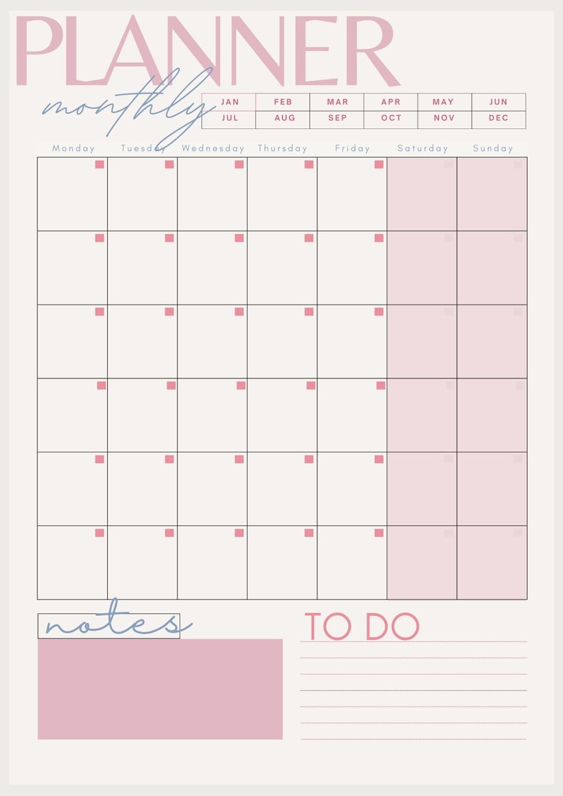 Pink Monthly Planner - Simple Monthly Digital/printable Planner - Etsy