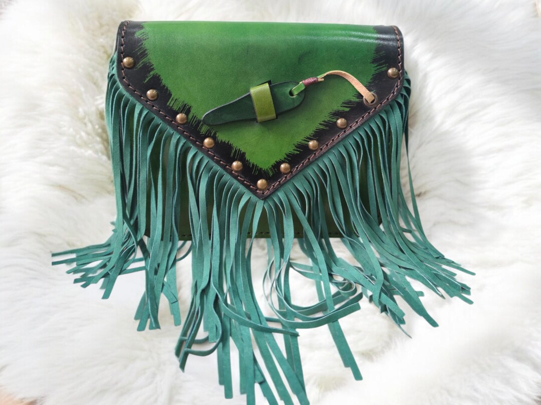 Vintage Leather Bag, Handmade Bag, Rivets and Hand-cut Tassels, Unique ...