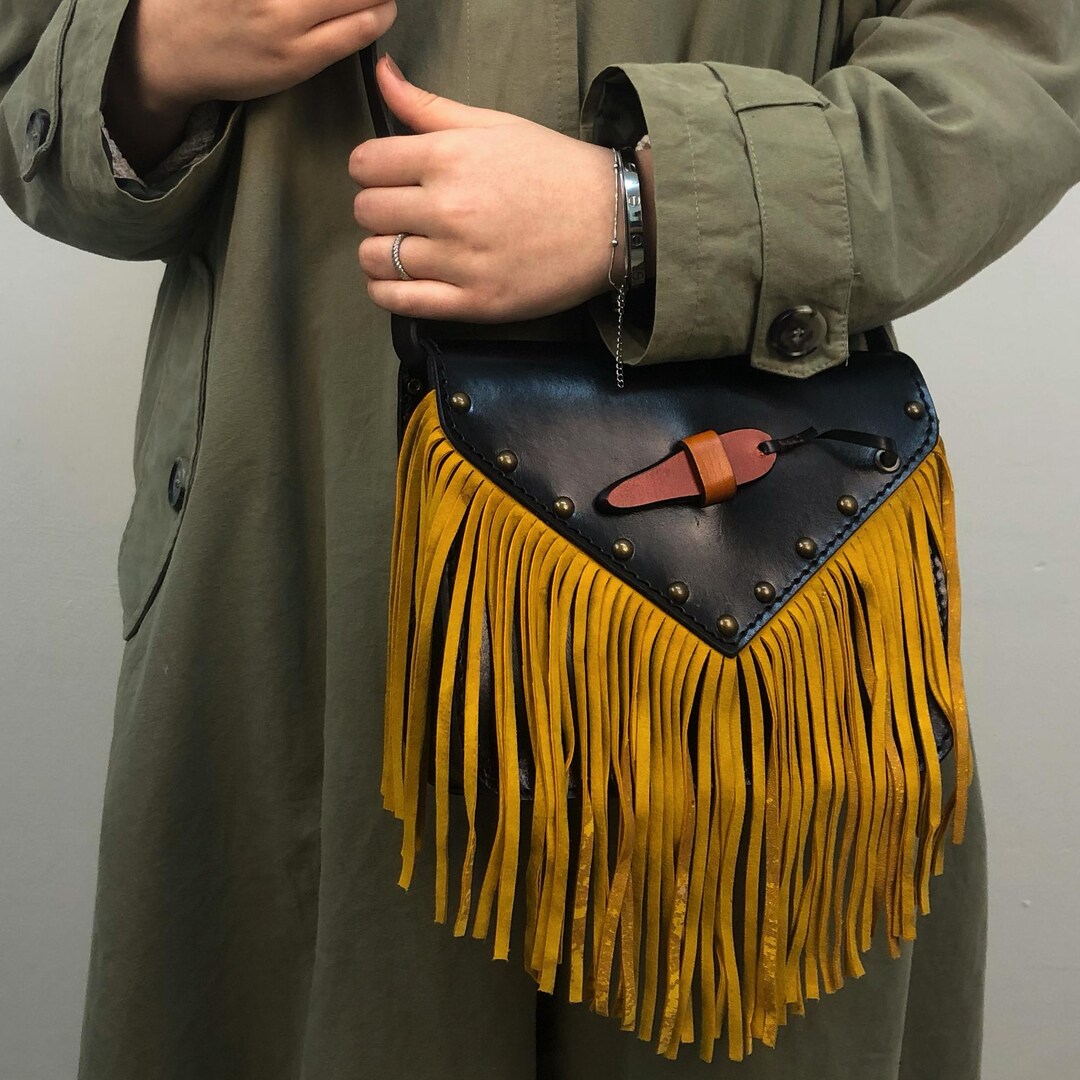 Retro Leather Bag, Handmade Bag, Rivets and Hand-cut Tassels, Unique ...