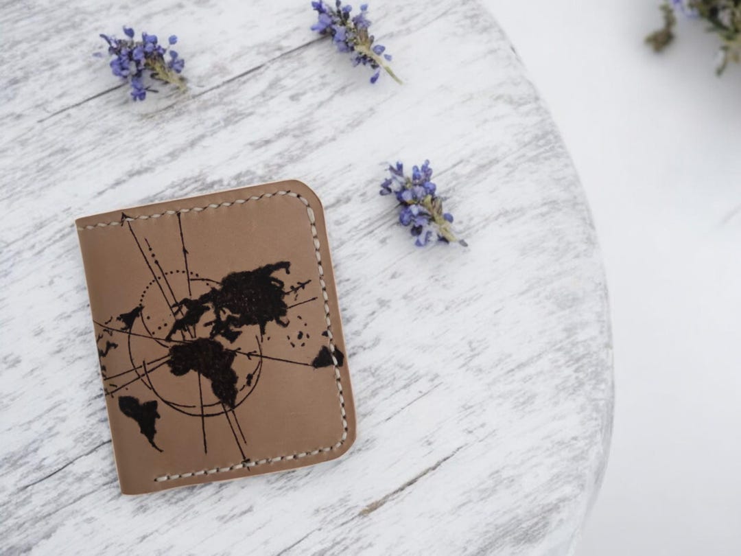 Handmade Leather Wallet, World Map Design, Vegetable-tanned, Hand ...