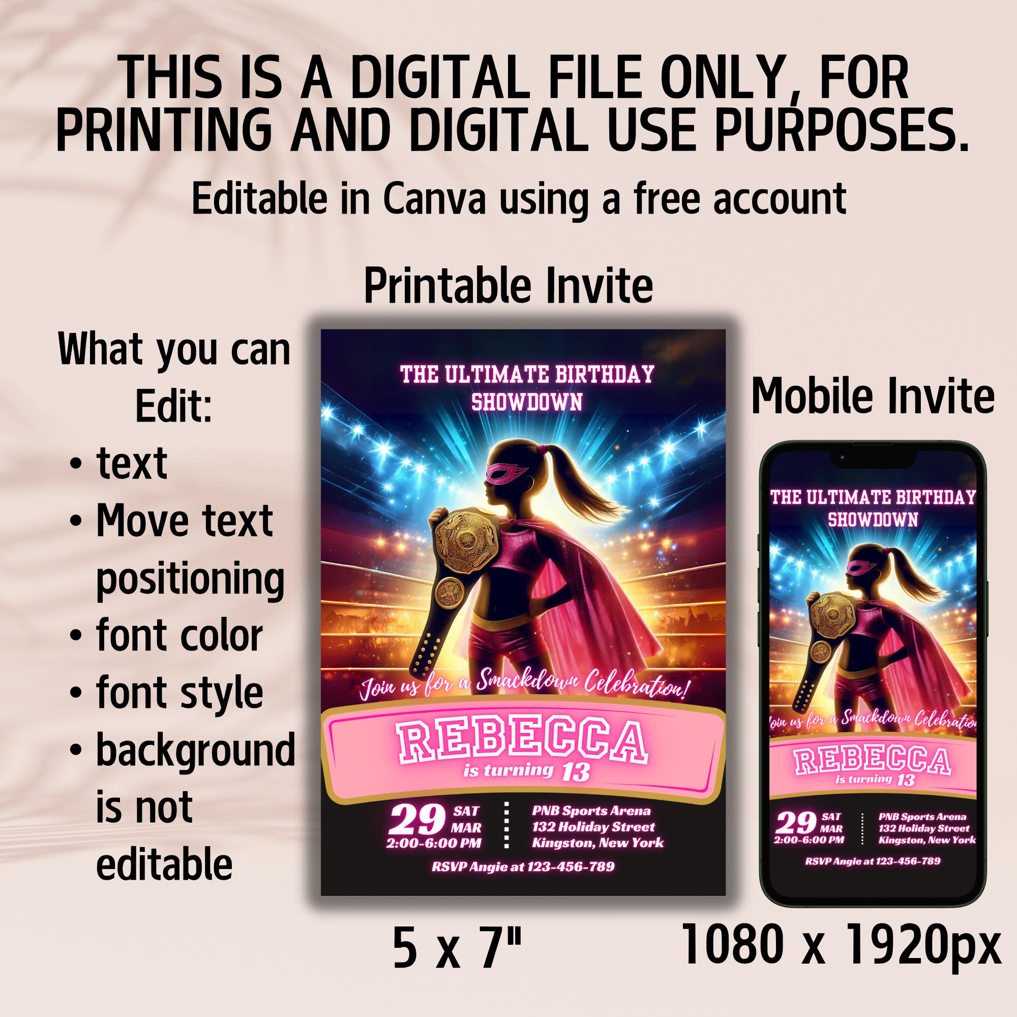 Girls Wrestling Birthday Invitation: Championship Belt, Editable Canva ...