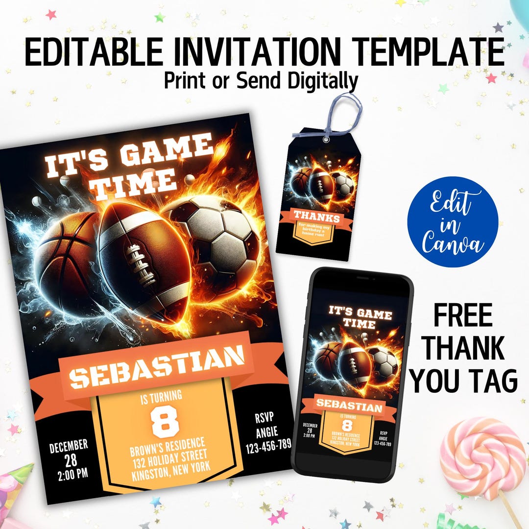 Editable All Star Sports Birthday Invitation, Sports Theme Party ...