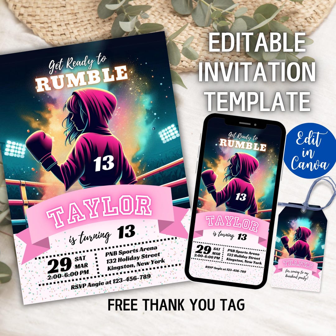 Girls Boxing Birthday Invitation: Pink Knockout Party, Editable Canva ...