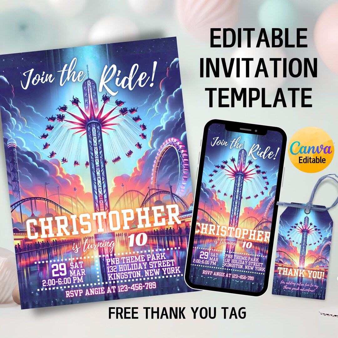 Editable Theme Park Birthday Invitation for Teens, Amusement Park Party ...