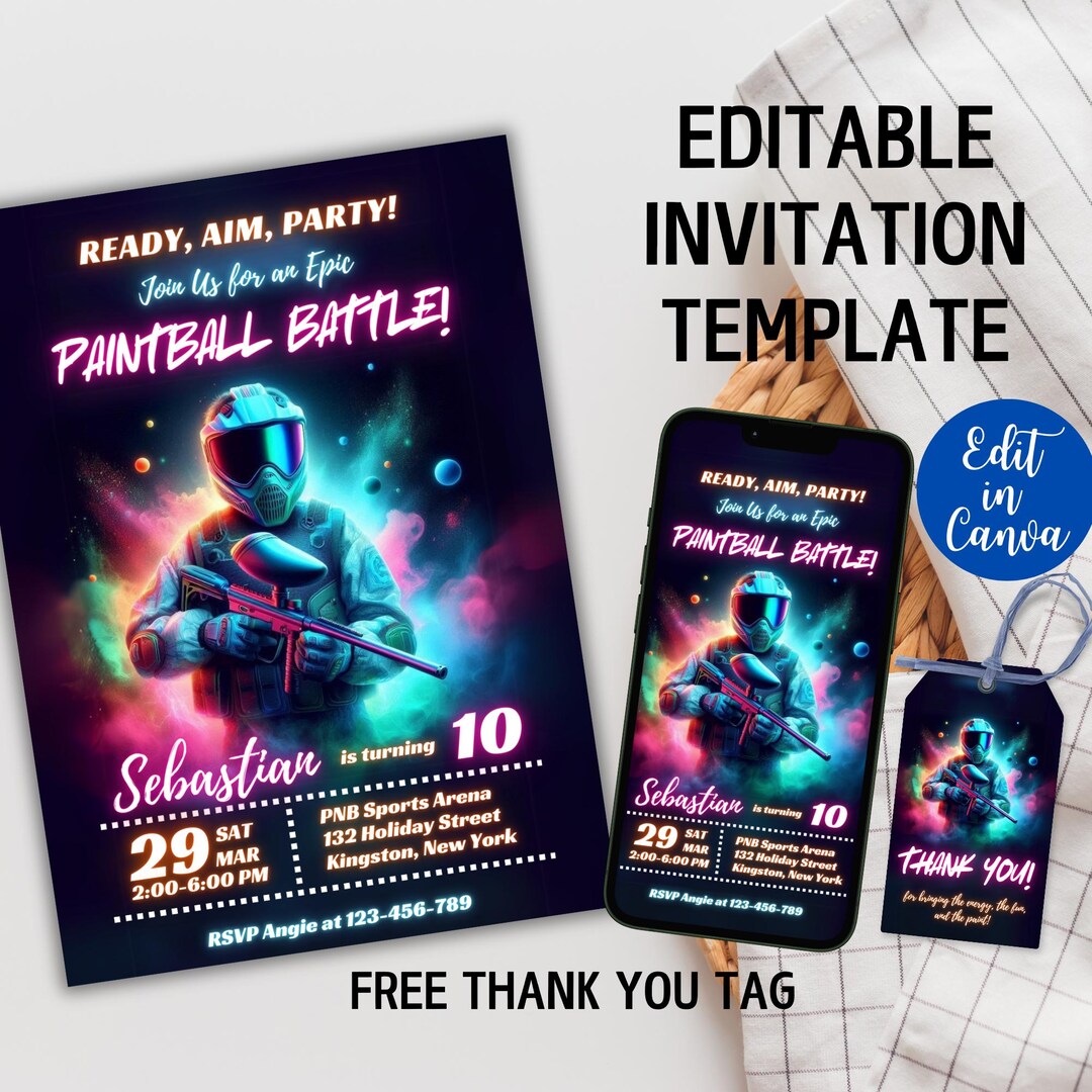 Editable Paintball Birthday Invitation, Boys Paintball Party Invitation ...
