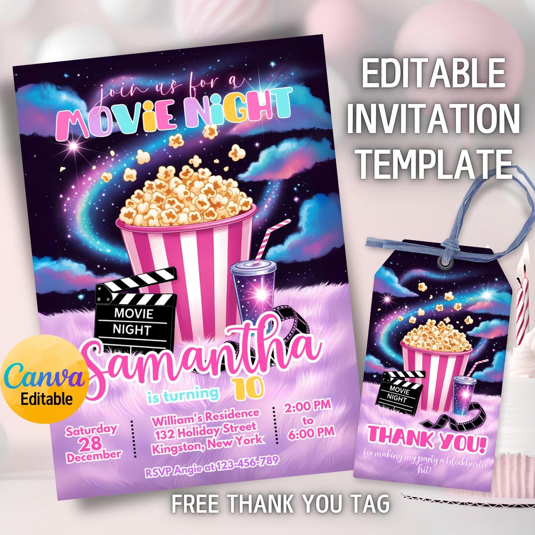 Editable Popcorn Party Invitation, Movie Night Birthday Invitation ...