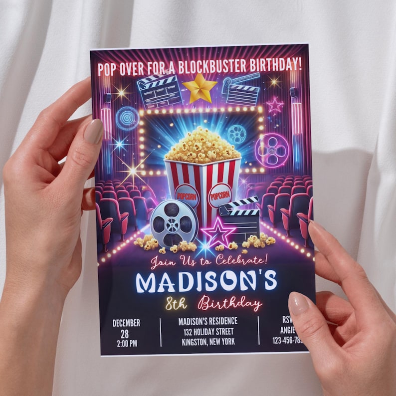 Editable Movie Night Birthday Invitation, Movie Theater Party Invite ...