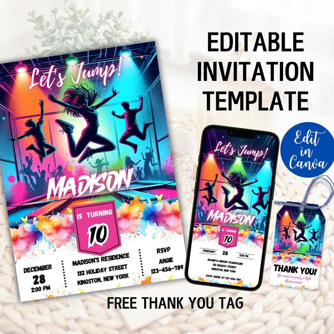 Editable Trampoline Jump Birthday Invitation, Trampoline Party ...