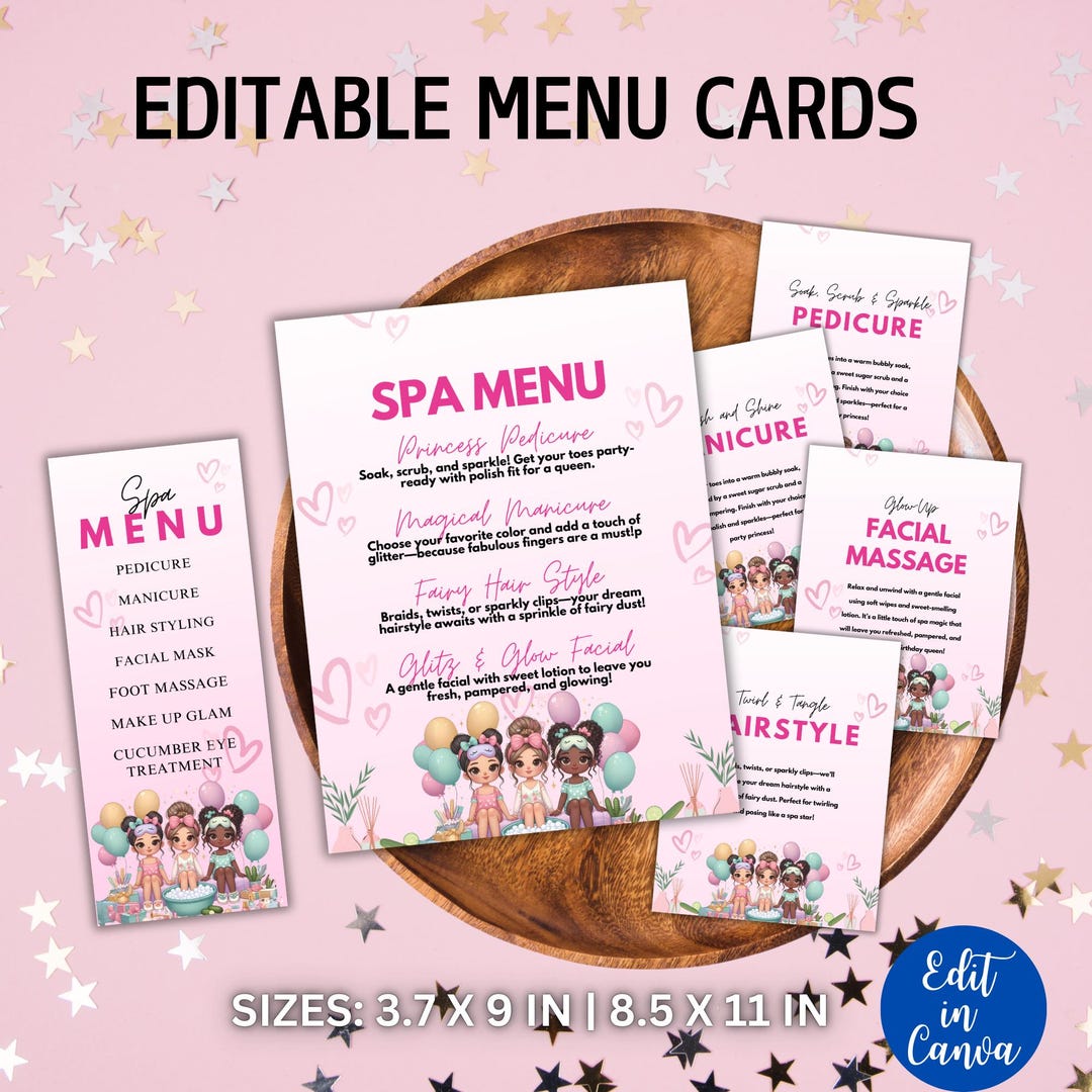Girls Spa Menu Card Template, Spa Party Menu for Girls, DIY Kids Pamper ...
