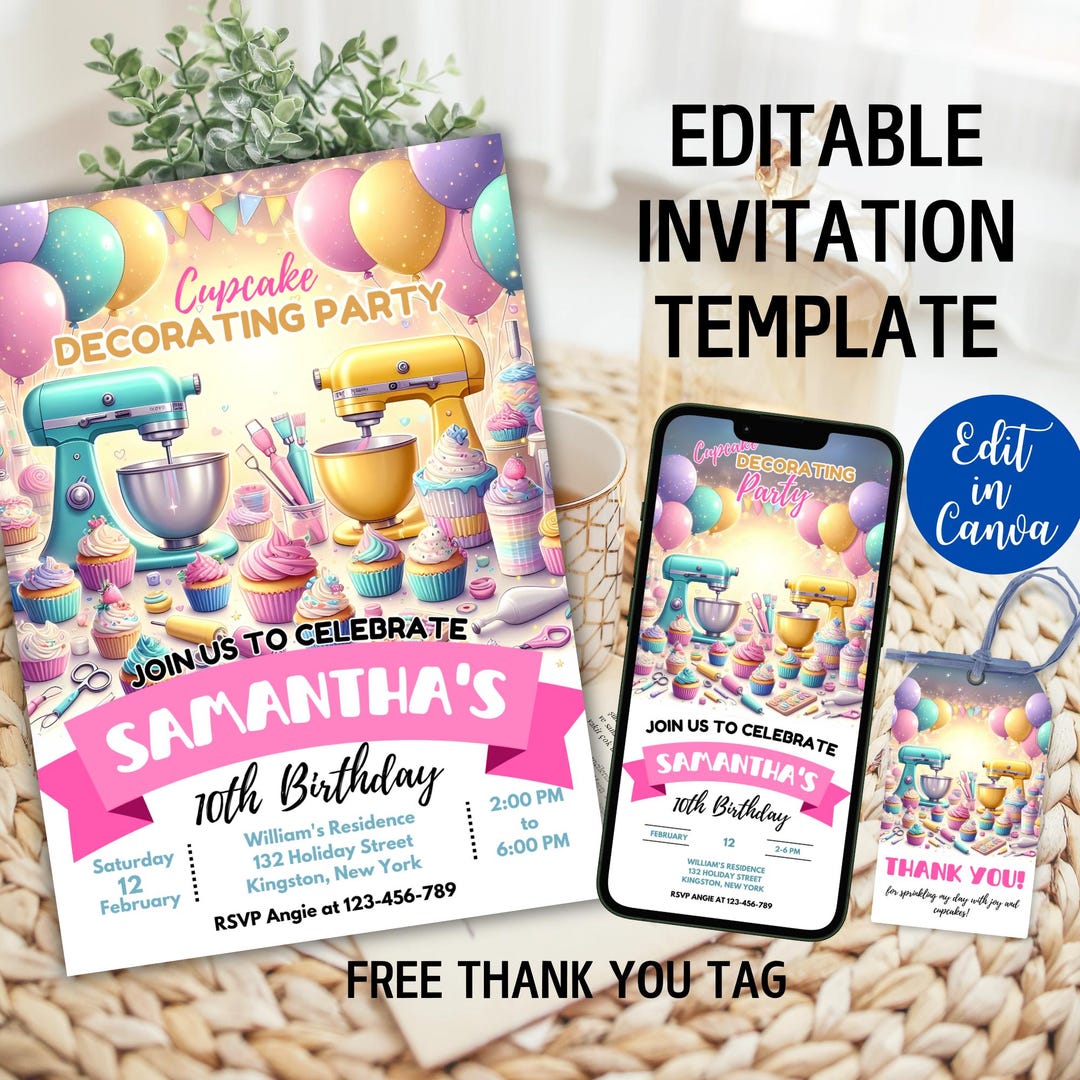 Editable Cupcake Decorating Birthday Party Invitation, Cupcake Invites ...