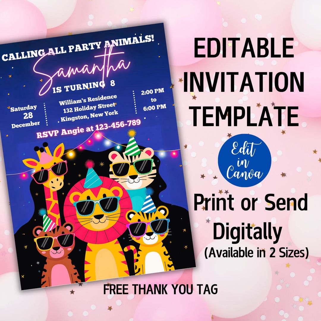 Party Animals Birthday Party Invitation, Jungle Animal Themed Party ...