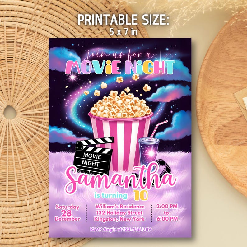 Movie Night Birthday Party Invitation, Popcorn Party Invitation, Cinema ...