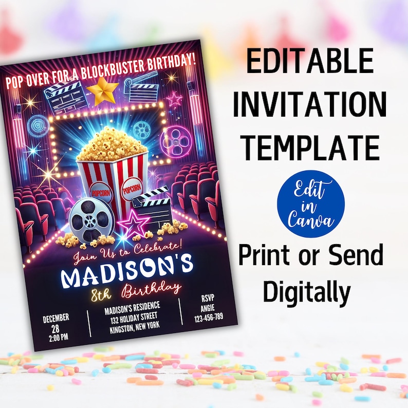 Editable Movie Night Birthday Invitation, Movie Theater Party Invite ...