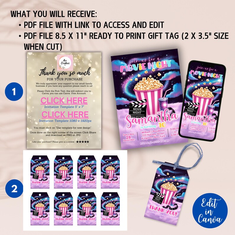 Movie Night Birthday Invitation, Popcorn Party Invitation, Cinema ...