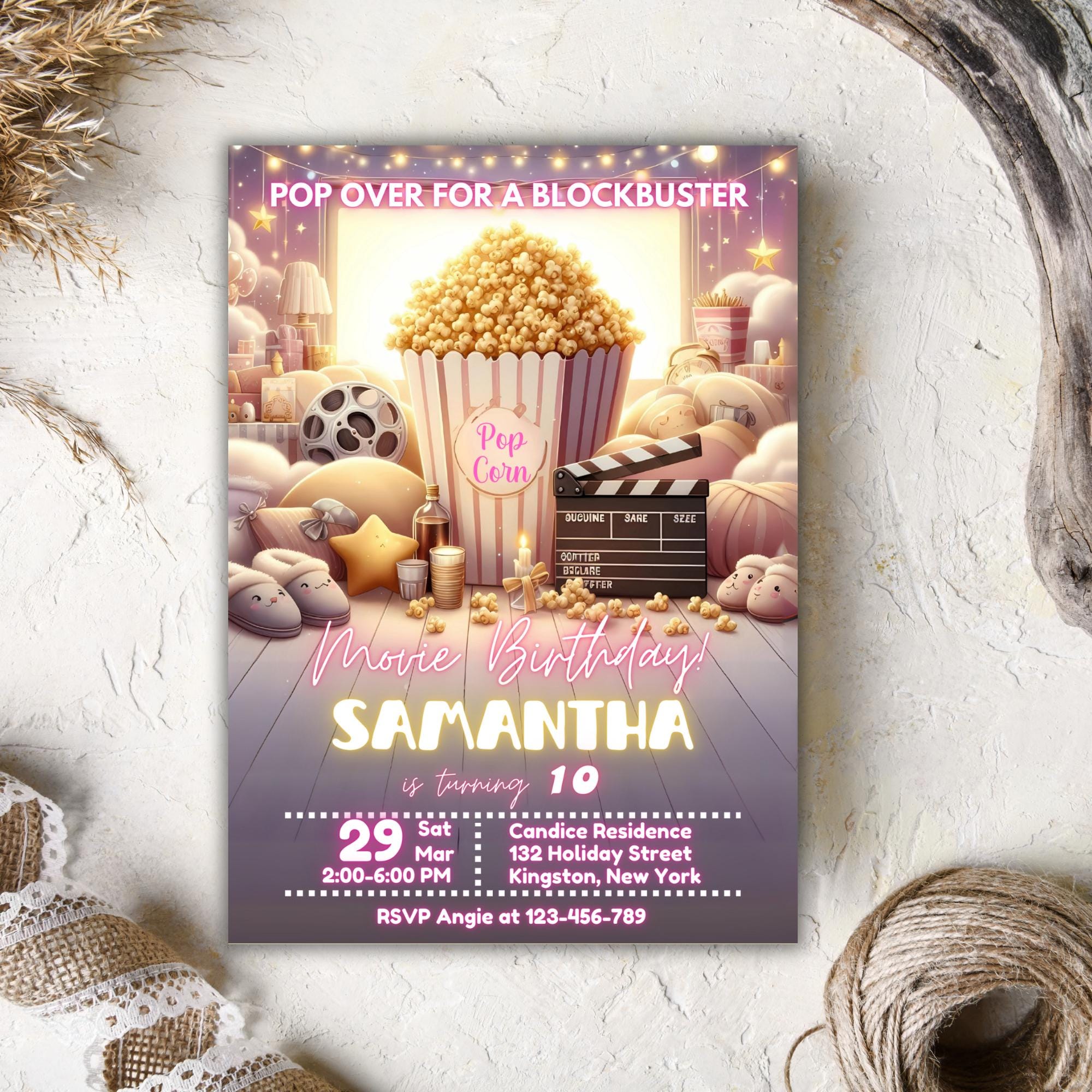 Editable Movie Night Birthday Party Invitation, Movie Party Invitation ...