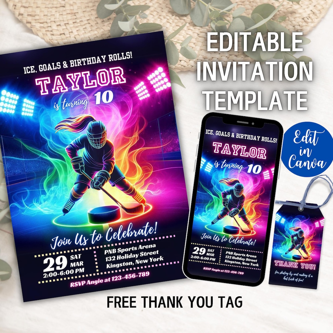 Editable Hockey Party Invitation for Girls, Hockey Birthday Invitation ...