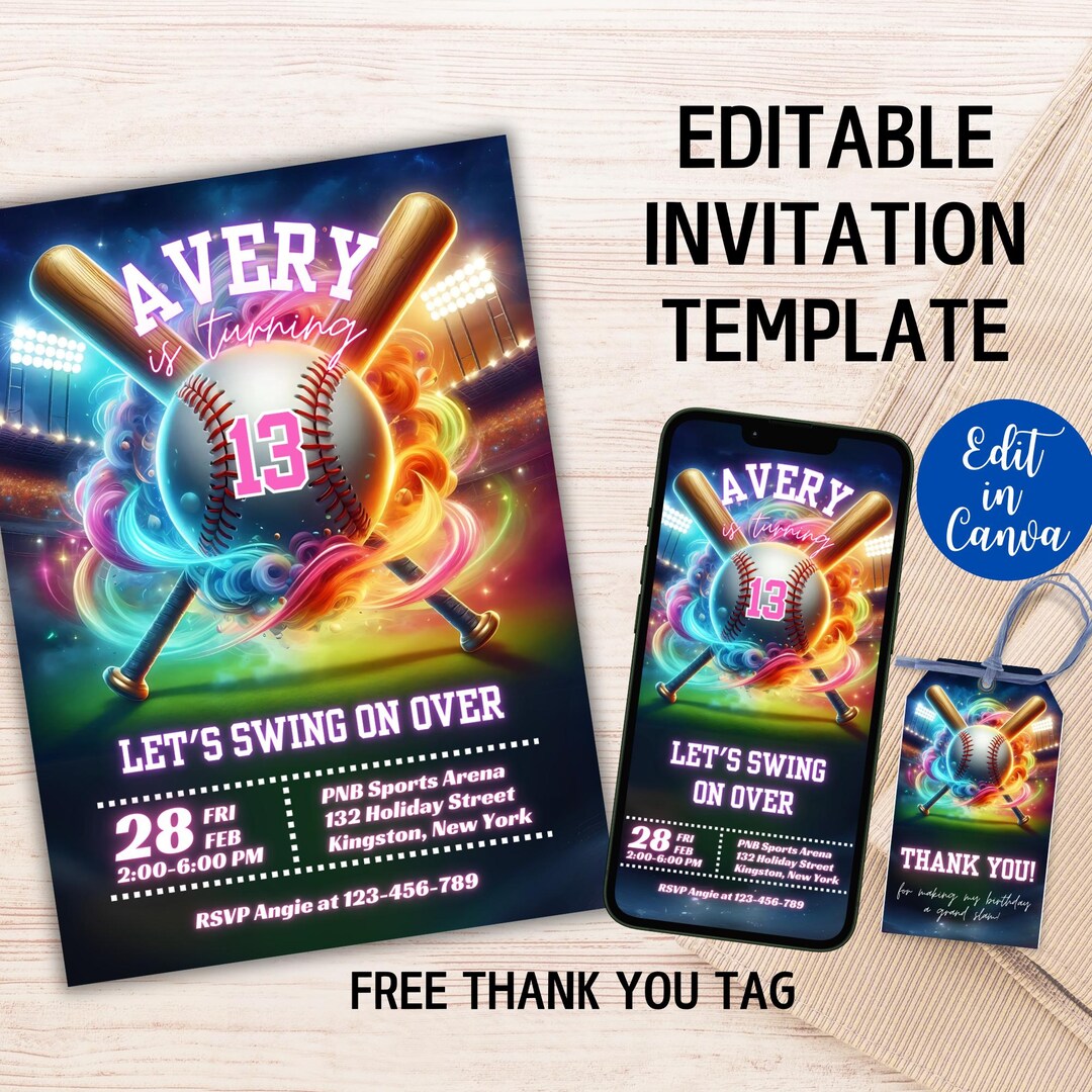 Editable Baseball Birthday Invitation for Teens, Boys Sports Party ...