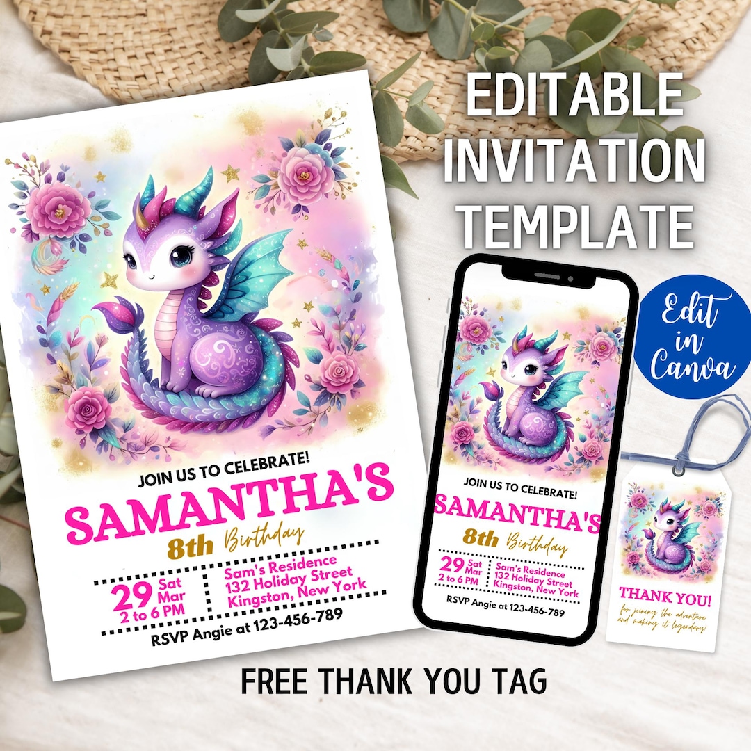 Editable Dragon Birthday Invitation, Fantasy Dragon Invitation, Dragon ...