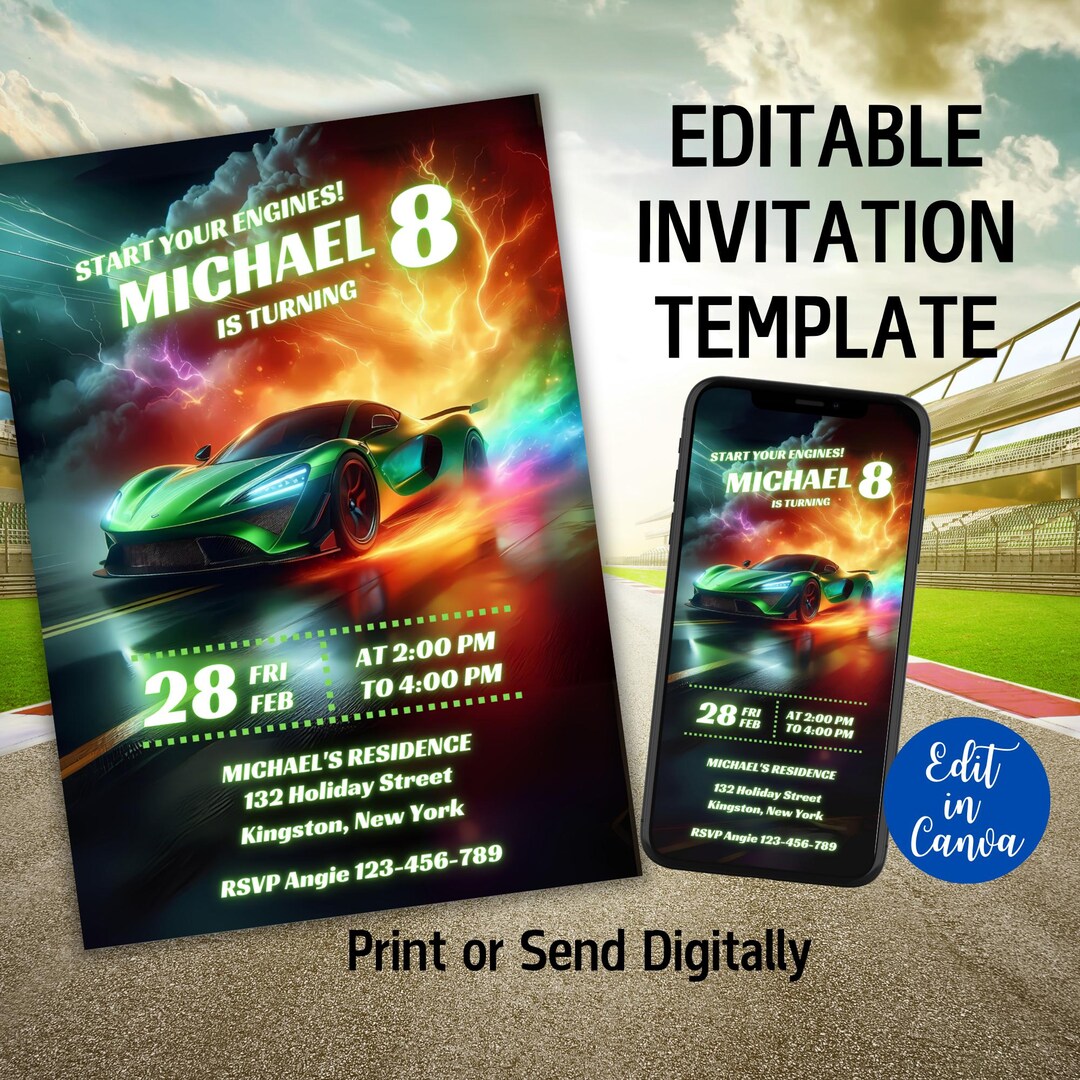 Editable Green Sports Car Birthday Invitation, Race Car Party ...