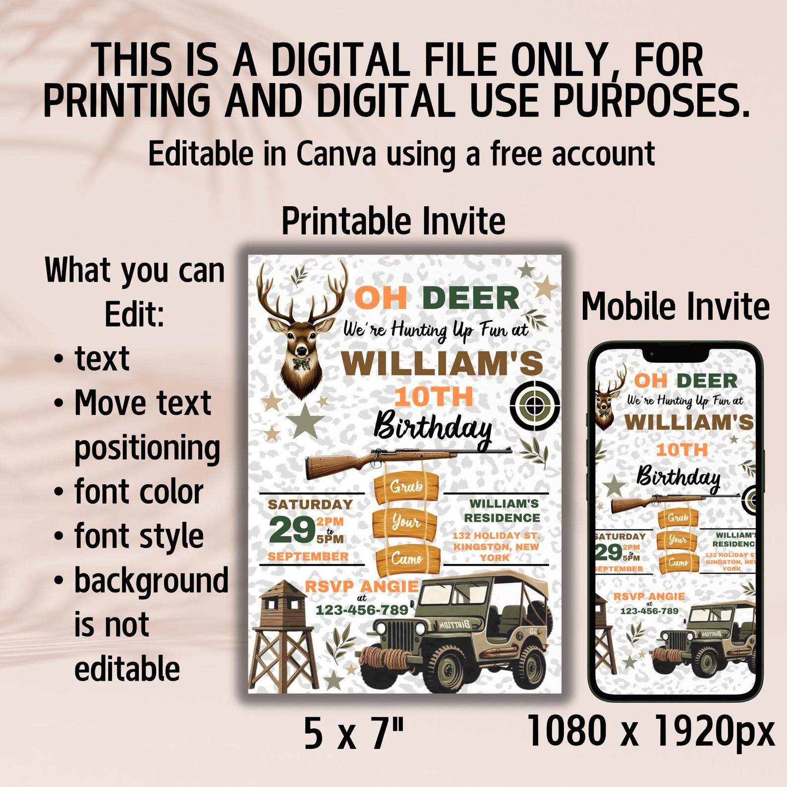 Camo Hunting Birthday Invitation: Editable Deer Hunter Party (canva ...