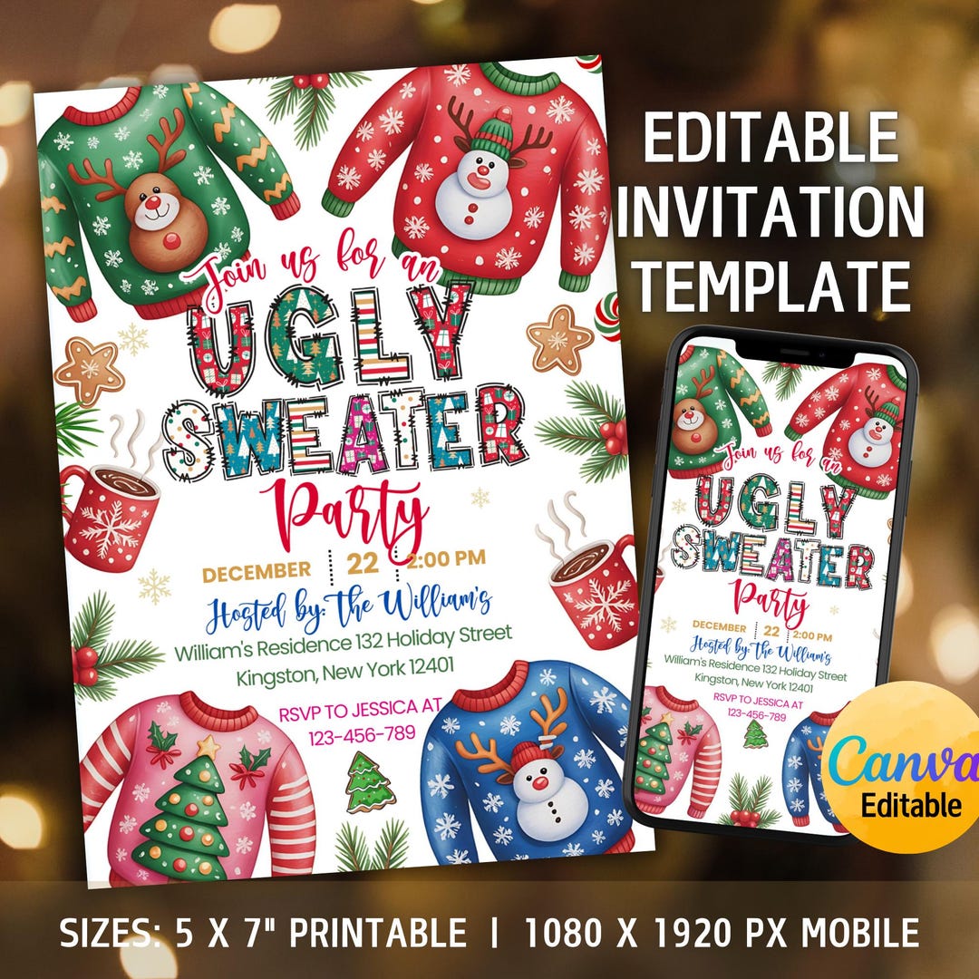 Ugly Sweater Christmas Party Invitation: Editable Canva Template ...