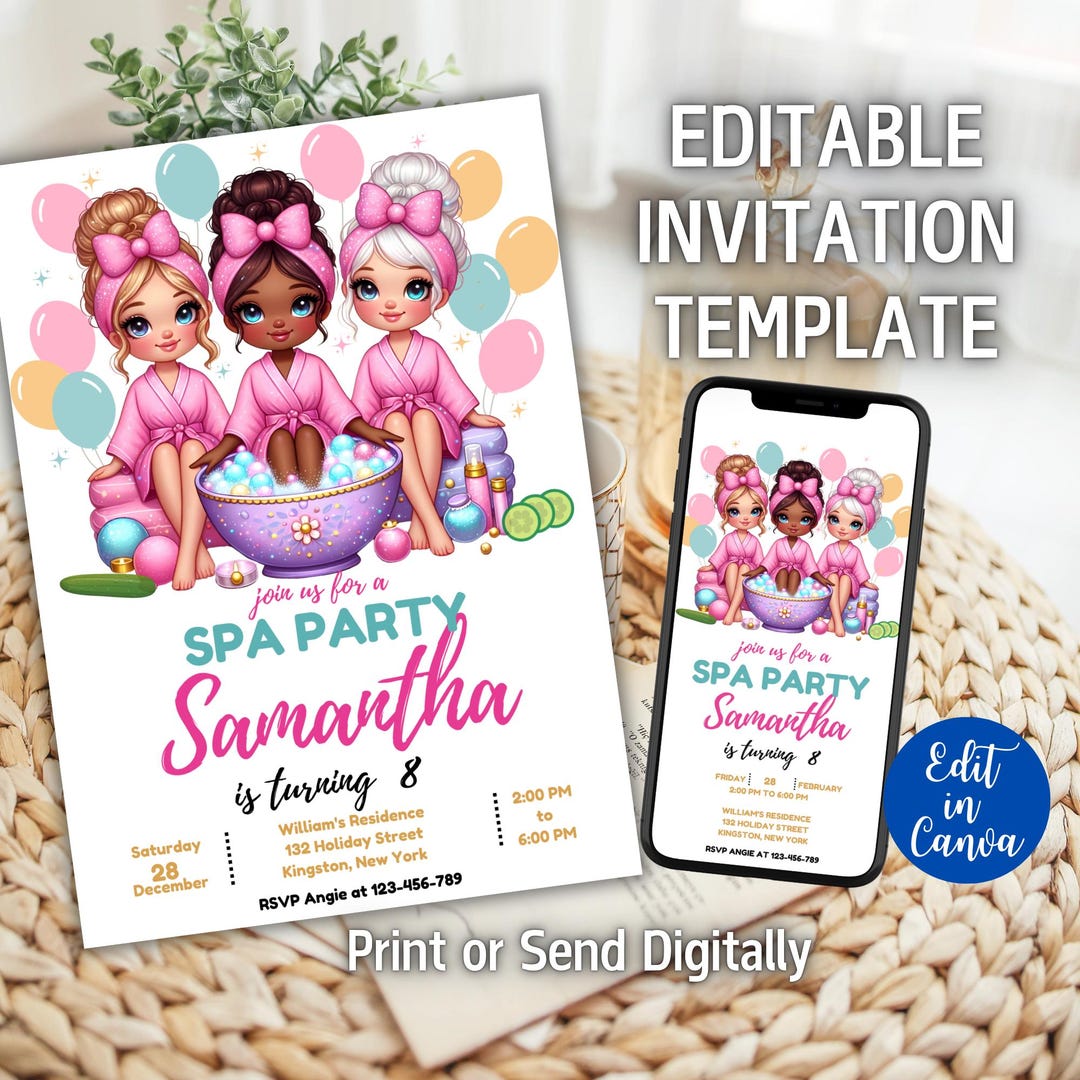 Editable Pamper Party Invitation, Spa Birthday Invite for Girls, Glam ...