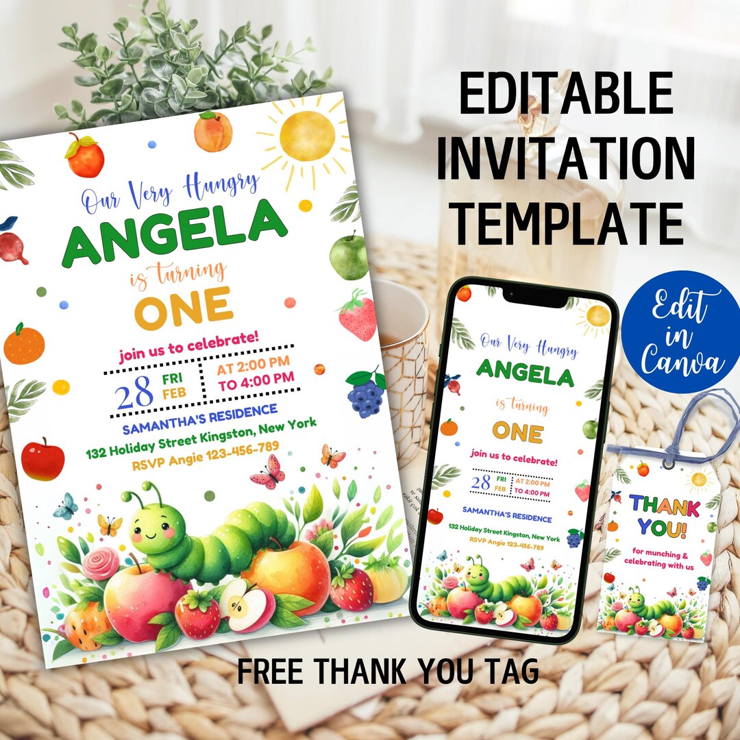 Hungry Caterpillar 1st Birthday Invitation: Editable Canva Template - Etsy