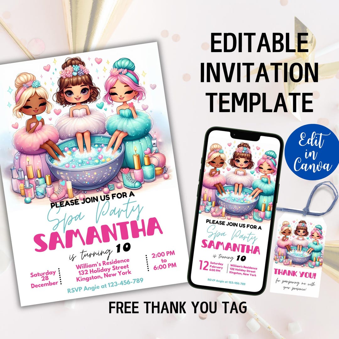 Editable Pamper Girls Spa Birthday Party Invitation, Girls Sleepover ...