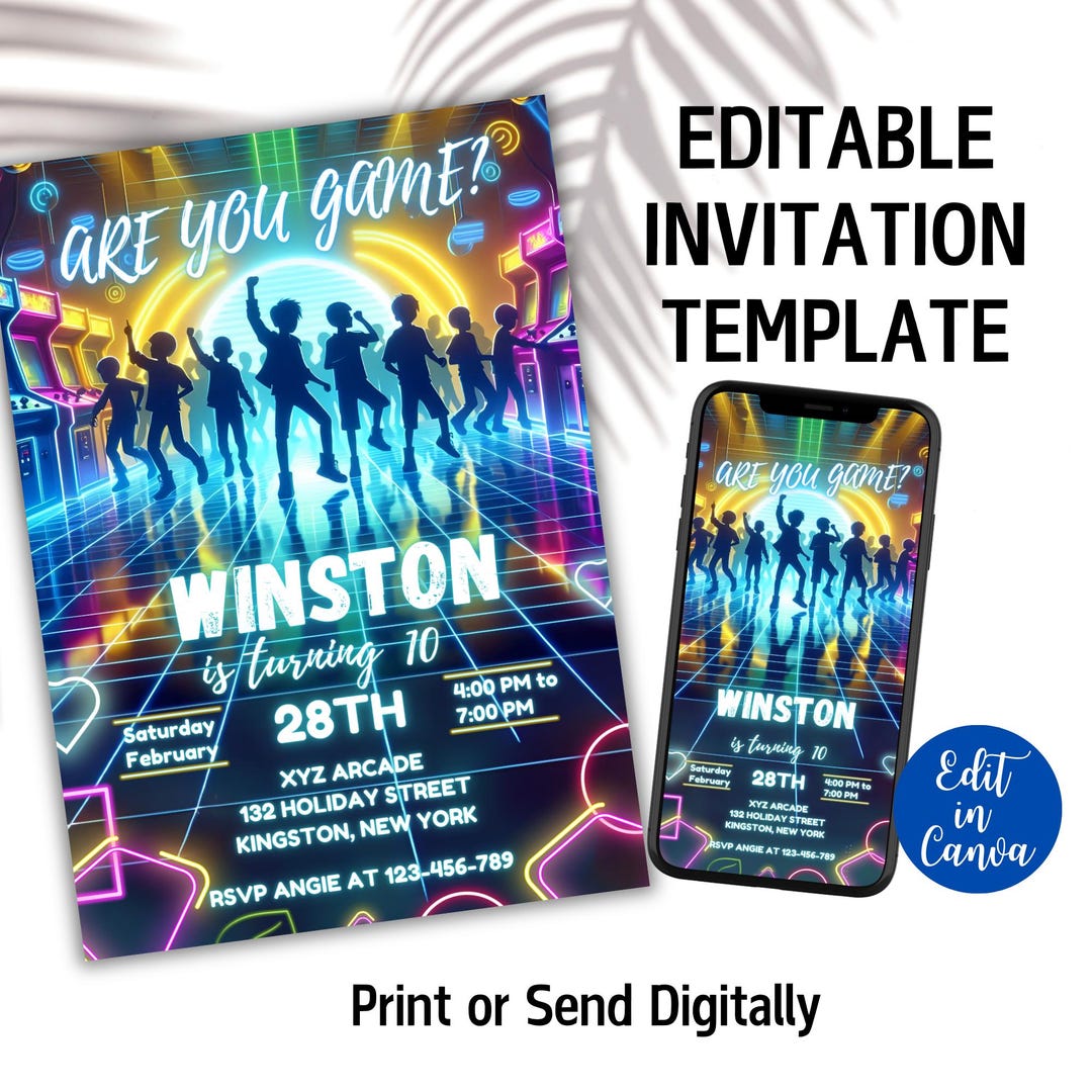 Editable Arcade Party Invitation, Retro Arcade Game Birthday Invite for ...