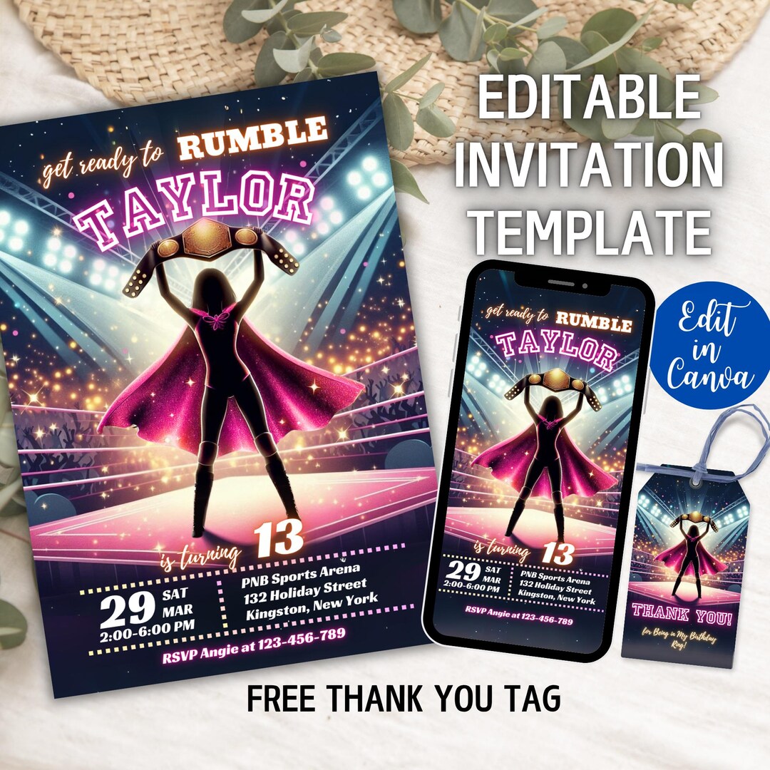 Editable Girls Wrestling Birthday Invitation: Championship Belt, Fight ...