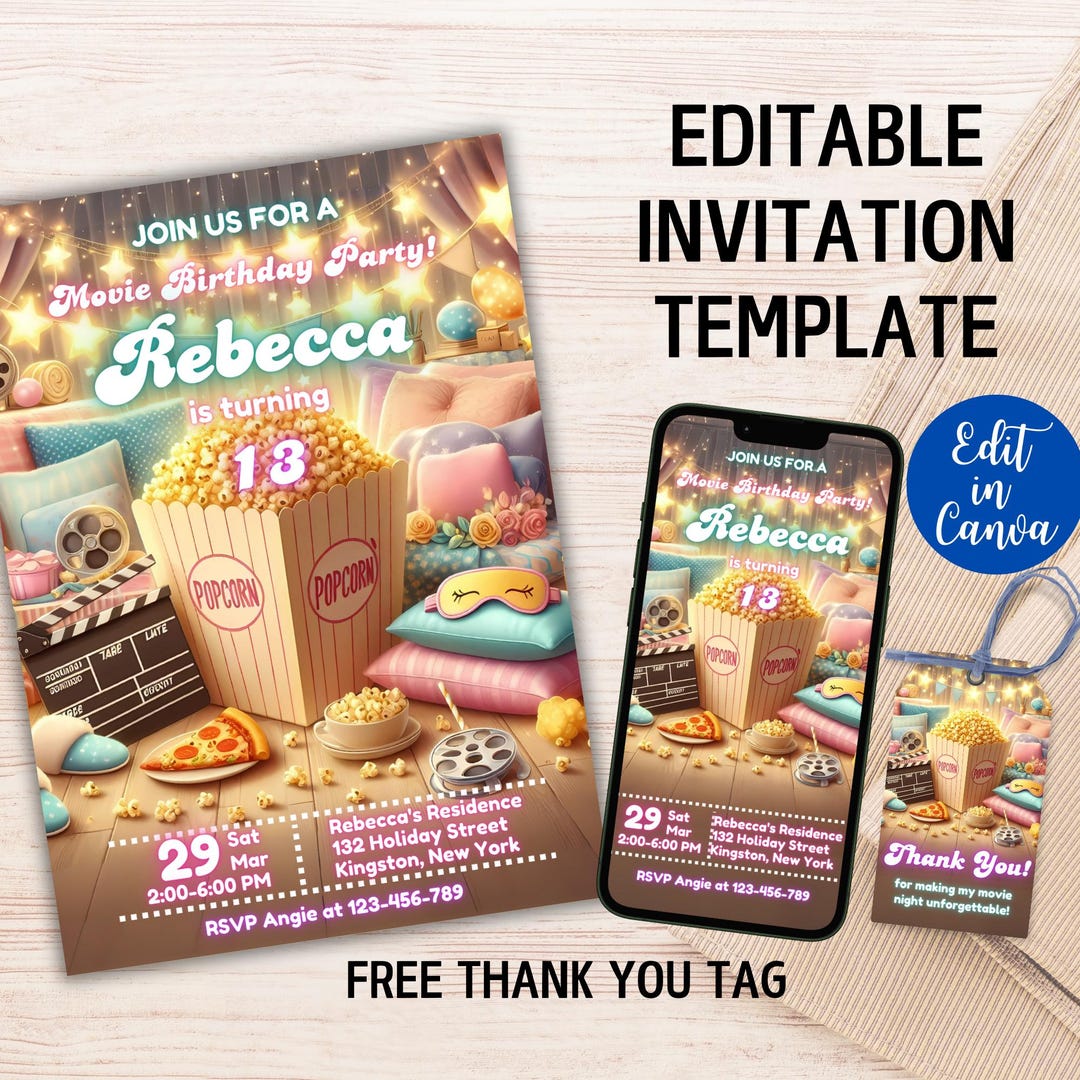 Girls Movie Night Birthday Invitation, Sleepover Party Invite, Popcorn ...