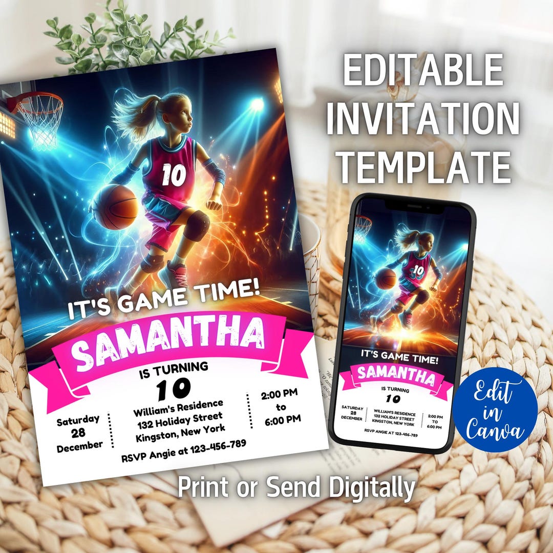 Editable Girls Basketball Invitation, Basketball Birthday Party Invite ...