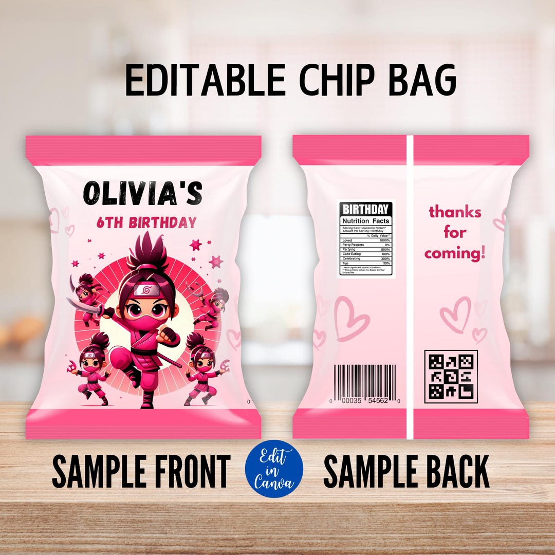 Editable Ninja Chip Bag, Party Label, Chip Bag Label, Ninja Party Favor ...