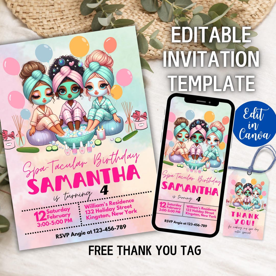 Editable Pamper Spa Party Invitation, Spa Birthday Invitation, Glam and ...