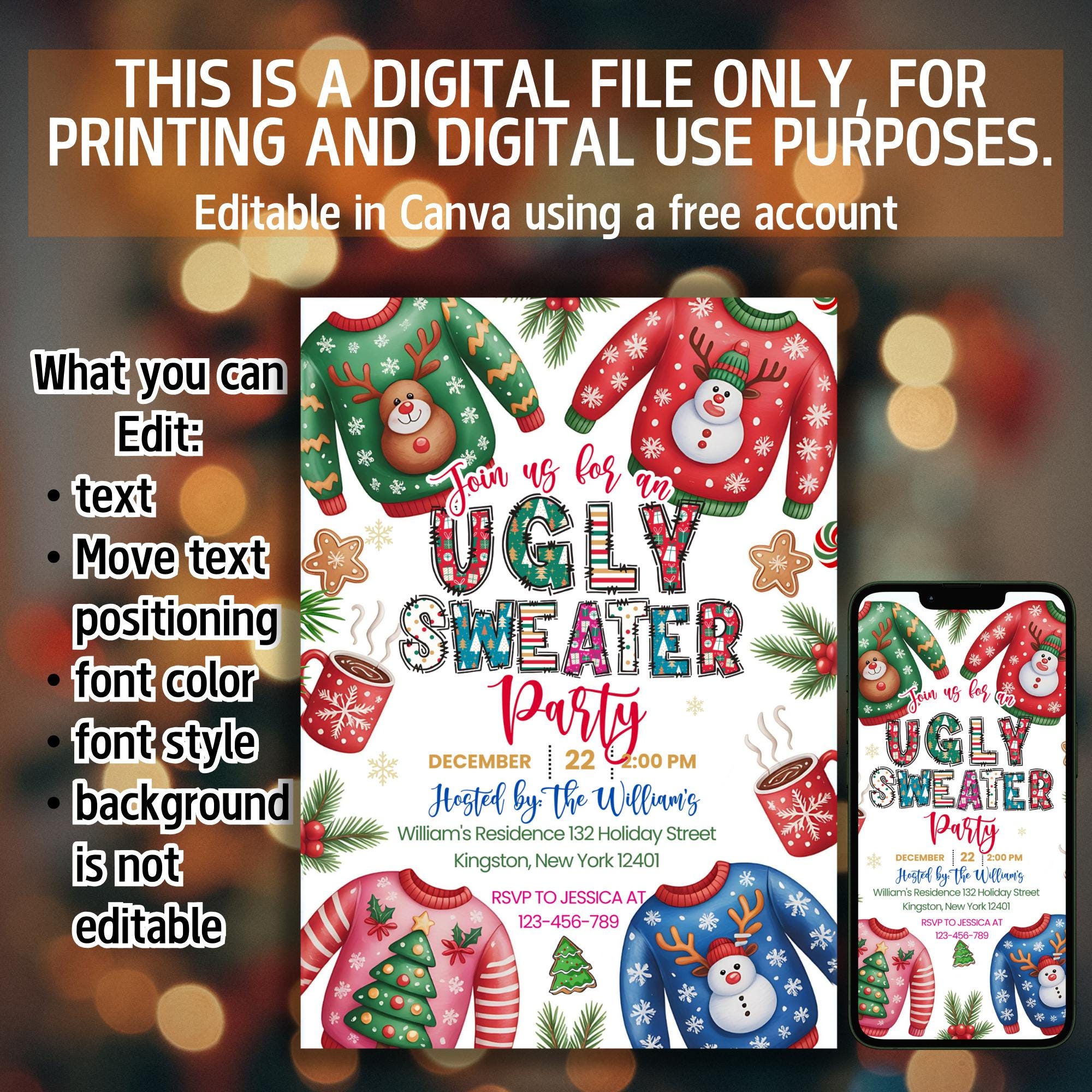 Ugly Sweater Christmas Party Invitation: Editable Canva Template ...