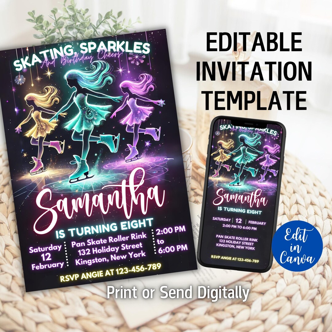 Skating Rink Birthday Party Invitation, Neon Skate Party Invites, Teen ...