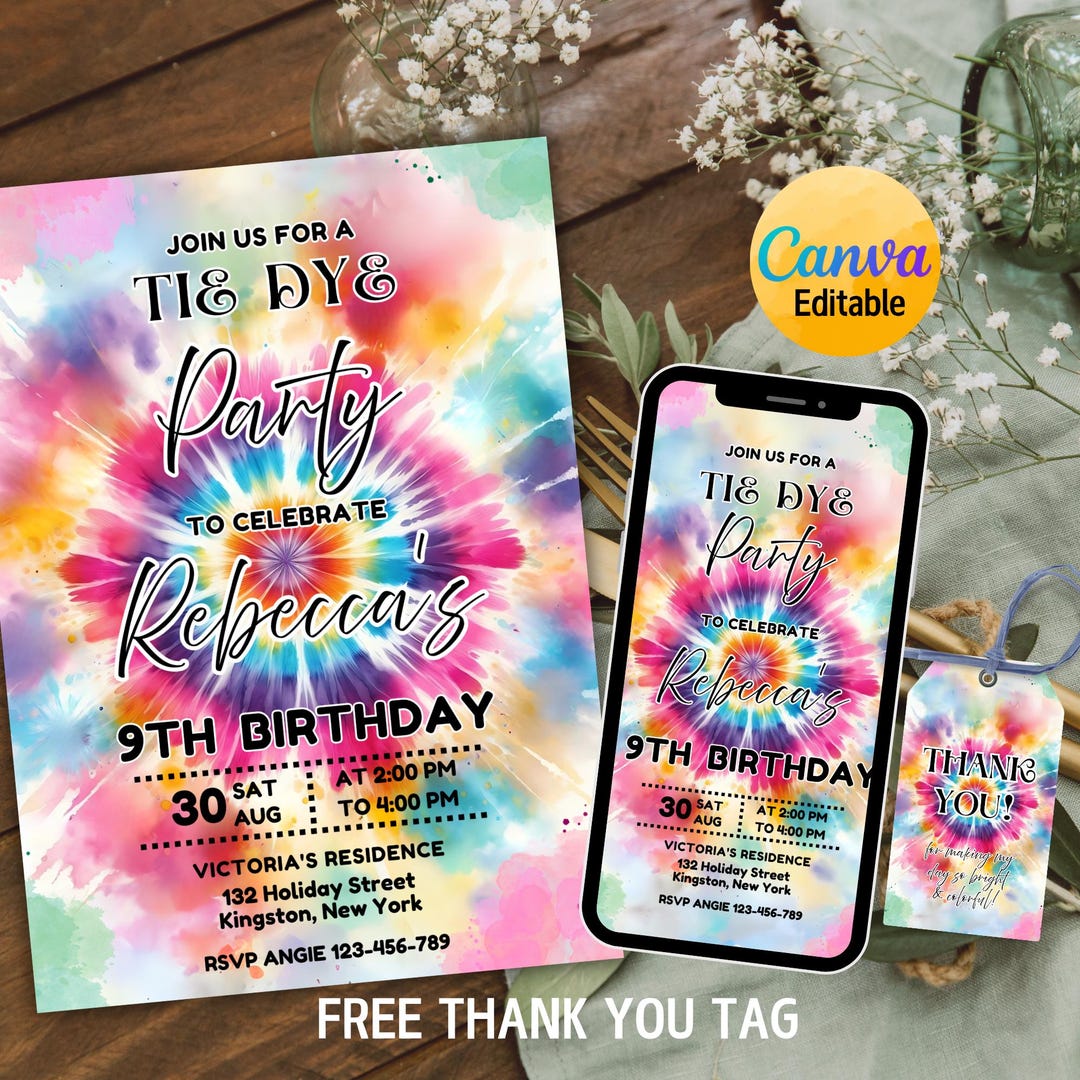Editable Tie Dye Birthday Invitation, Paint Theme Party, Rainbow Art ...