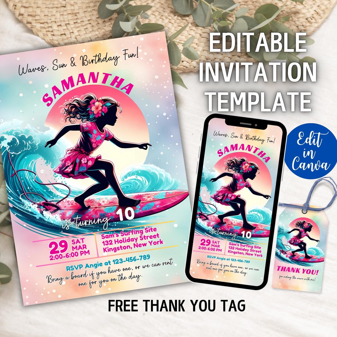Editable Surfing Birthday Invitation, Surfing Party Invite for Girls ...